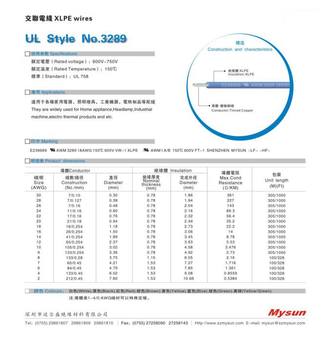 UL / CUl / CSA Certificate 18 Awg Hookup Wire Xlpe Insulated UL3289 150C 750V